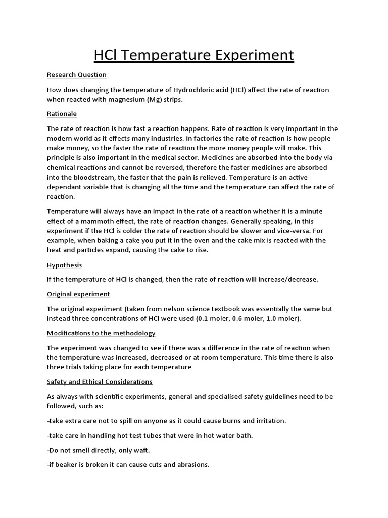 HCL Temperature Experiment | PDF | Reaction Rate | Experiment