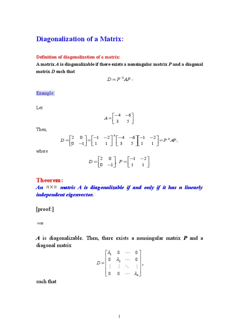 Diagonalization Of A Matrix Theorem Pdf Eigenvalues And