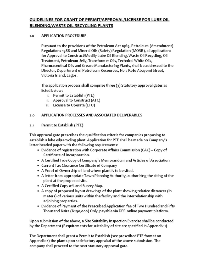 Guideline For Establishment of Lube Plant and Application Form | PDF ...