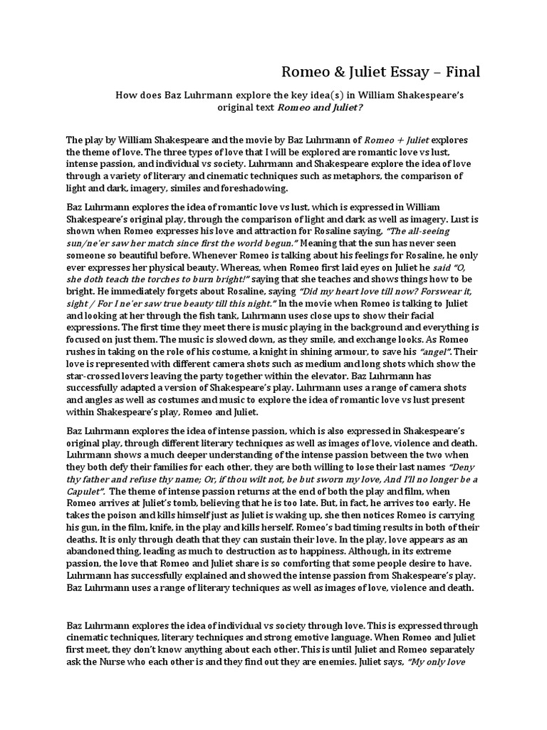 Romeo + Juliet Essay | PDF | Romeo And Juliet | Characters In Romeo And ...