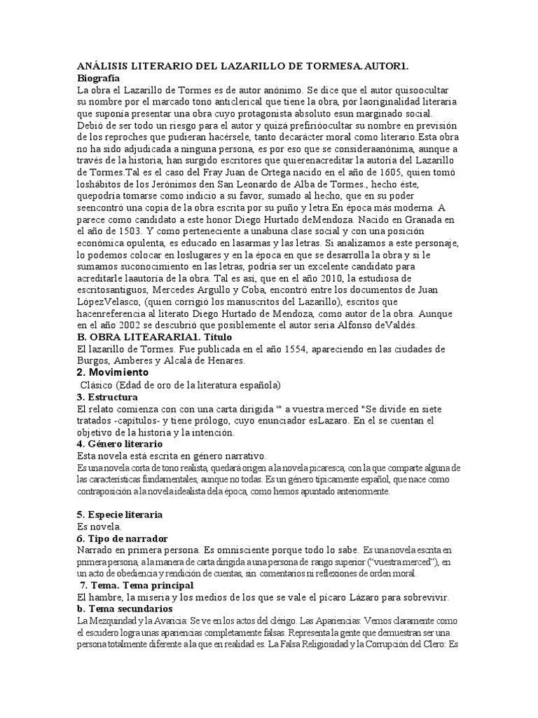 Análisis Literario Del Lazarillo de Tormesa | PDF | Novelas