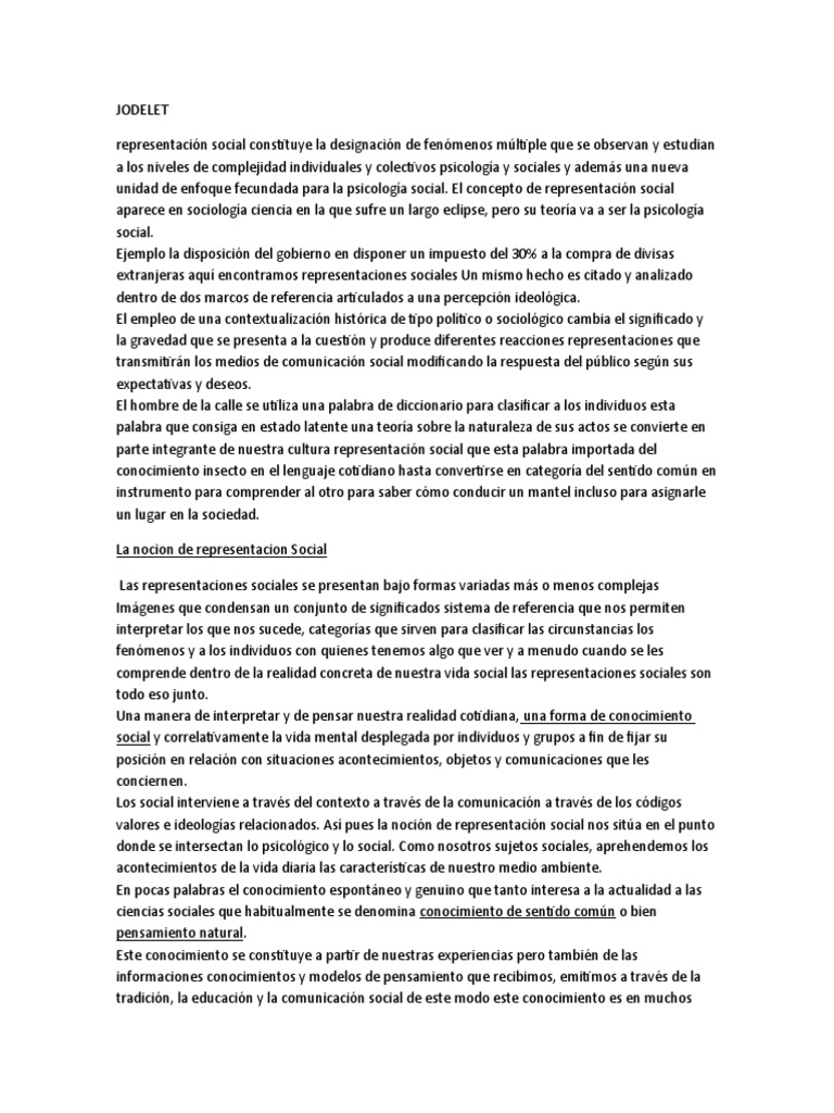 JODELET Representacion Social Resumen | PDF | Ideologías | Conocimiento