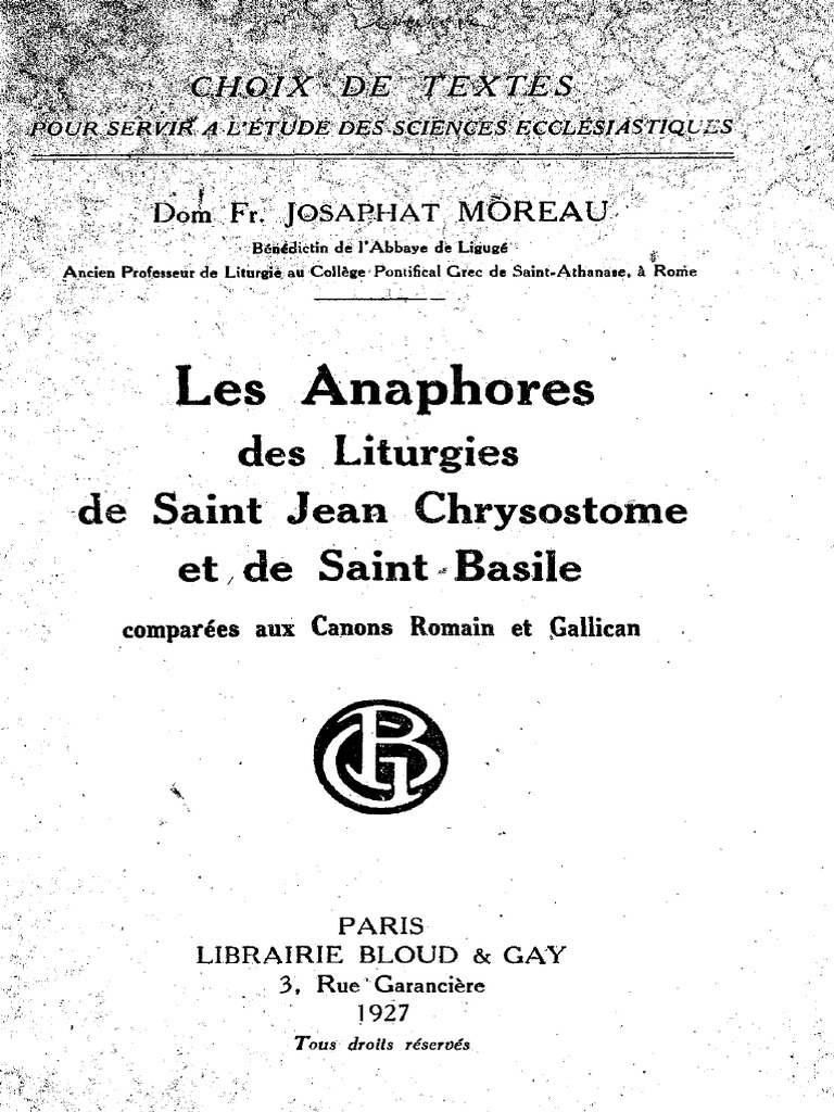 Les Anaphores Des Liturgies de Saint Jean Chrysostome Et de Saint ...
