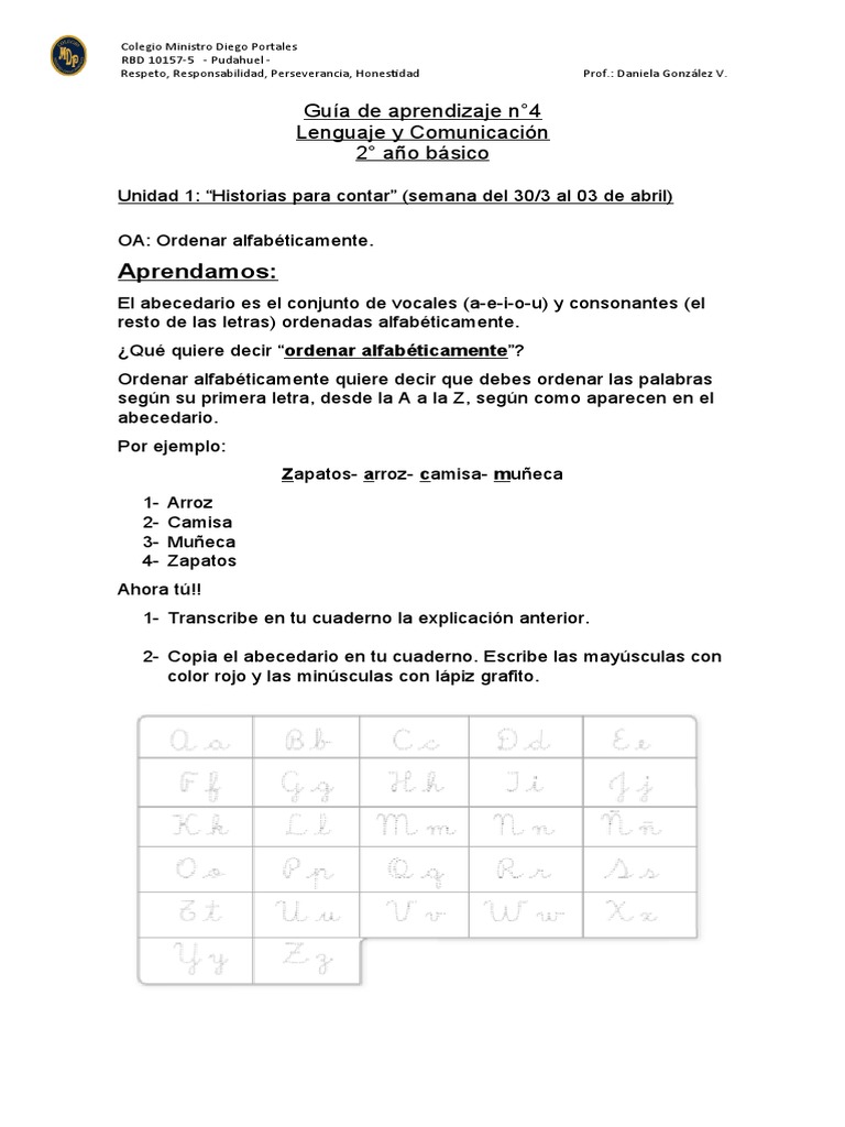 Guía de Aprendizaje n4 ORDEN ALFABÉTICO | PDF