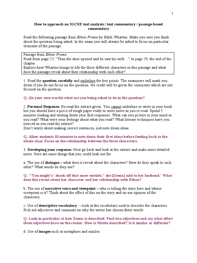 How To Approach An IGCSE Text Analysis Student | PDF | Ethan Frome ...