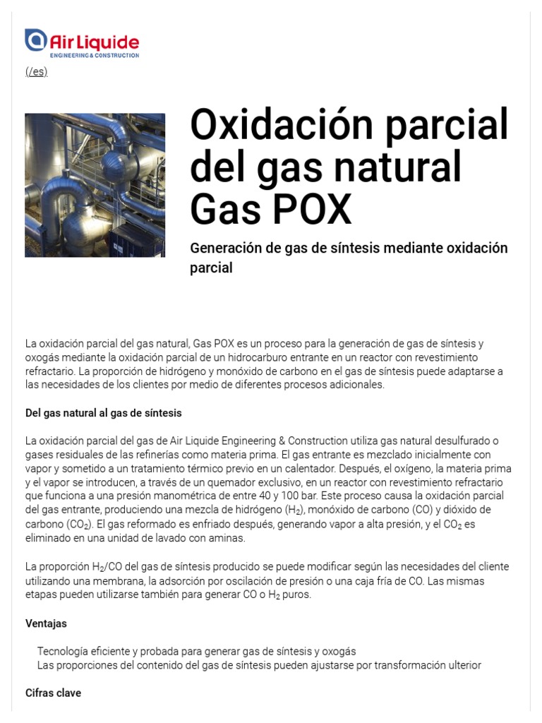 Oxidación parcial del gas natural POX | PDF