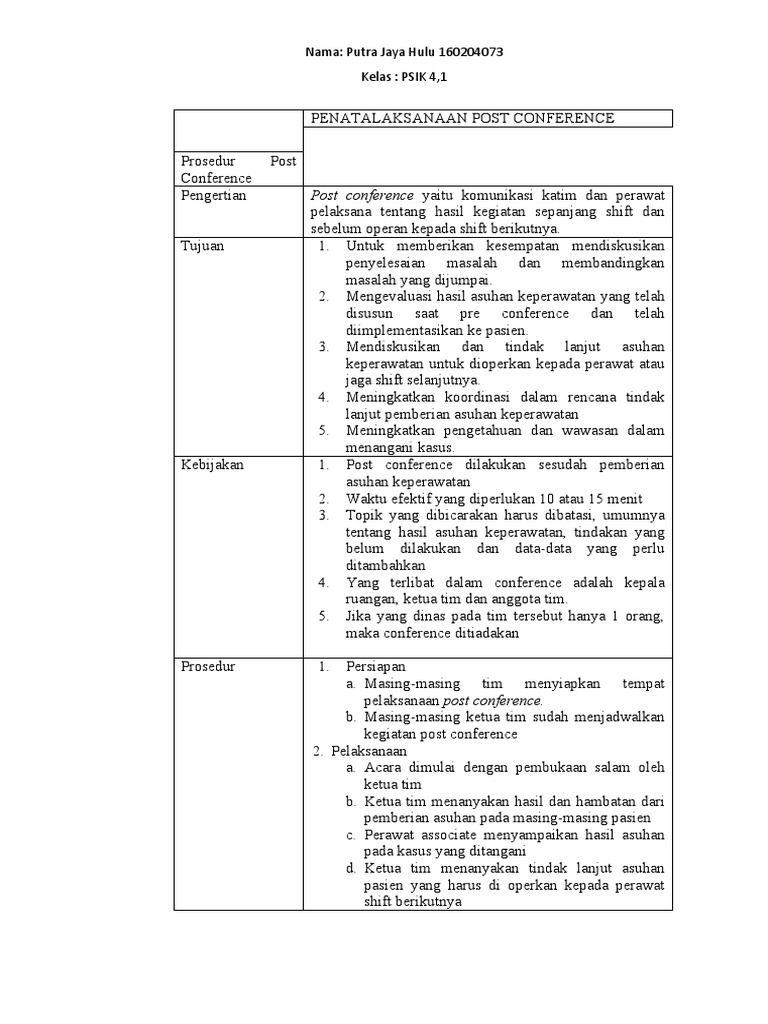 Prosedur Pre dan Post Conference Keperawatan | PDF | Karier & Perkembangan