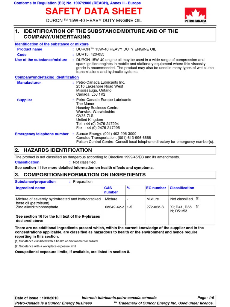 MSDS PC DURON 15W40 - Ingles PDF | PDF | Safety | Chemistry