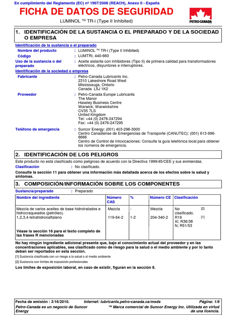 Hoja de datos de seguridad para LUMINOL TM TR-i (Tipo II inhibido ...