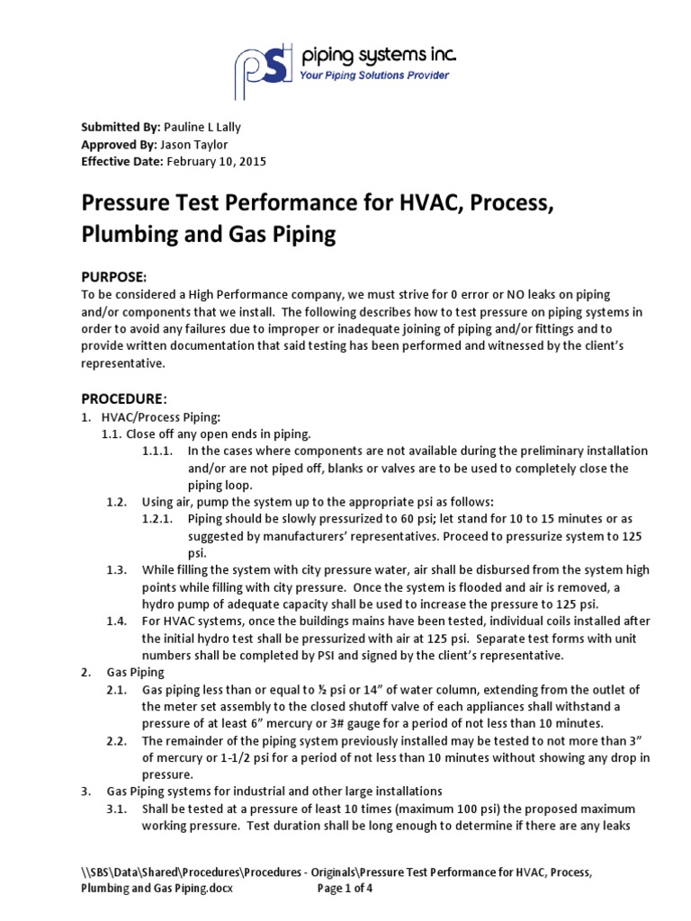 Pressure Test Performance For HVAC Process Plumbing and Gas Piping ...