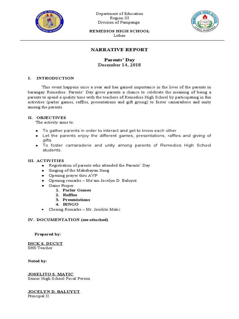 Narrative Report - Parents' Day | PDF