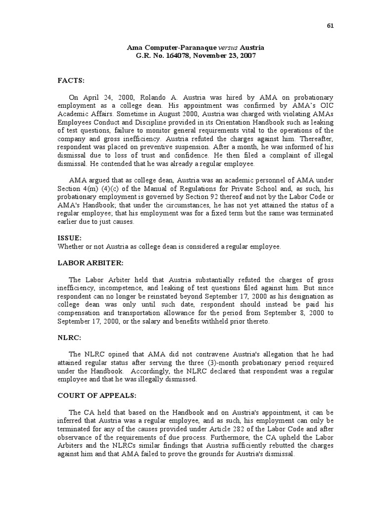 Ama Computer-Paranaque vs. Austria | PDF | Employment | Labour Law