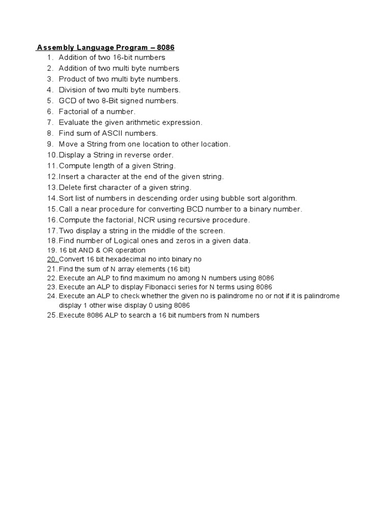 8086 Assembly Language Program List PDF | PDF