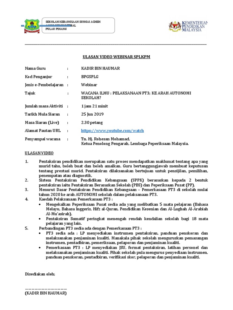 Ulasan Video Wacana Ilmu Pelaksanaan PT3 | PDF