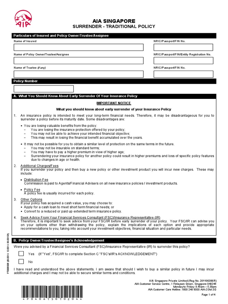 Aia Surrender Traditional Policy | PDF | Insurance | Indemnity