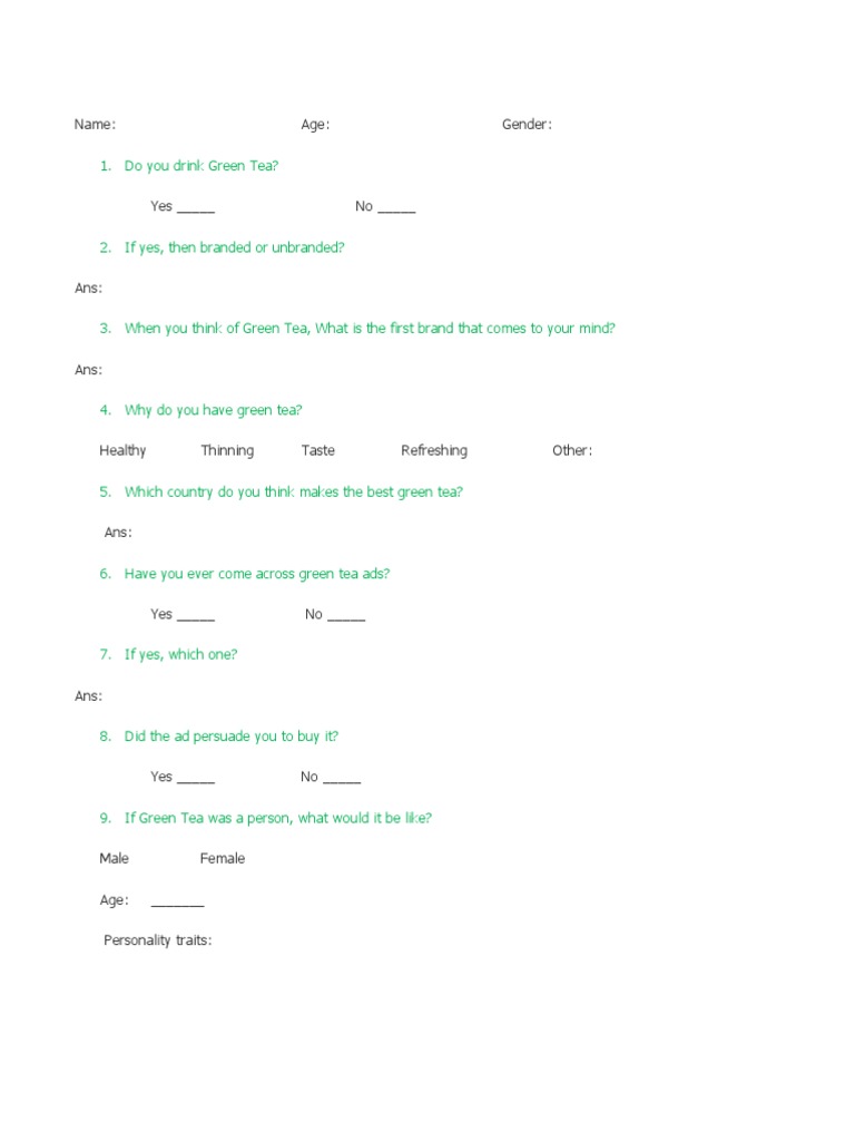 Green Tea Survey Questions and Answers | PDF