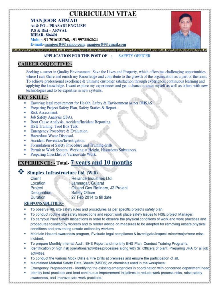 HSE Officer Manjoor Resume 08.05.17 | PDF | Occupational Safety And ...