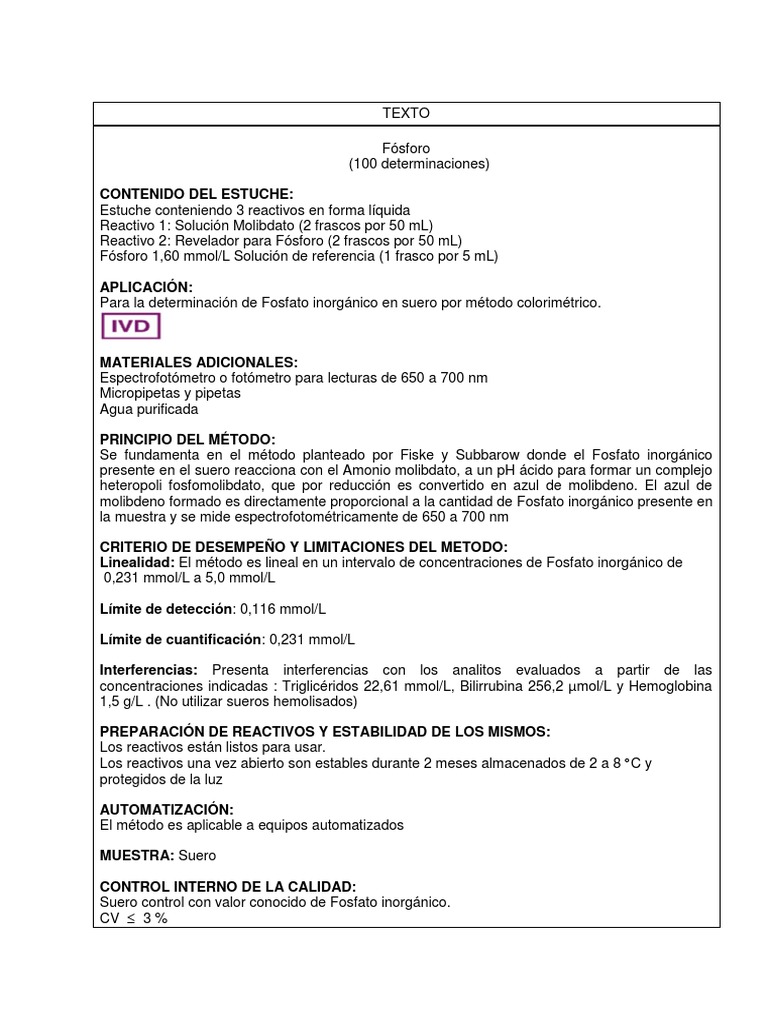 Determinación colorimétrica de fósforo inorgánico en suero mediante el ...
