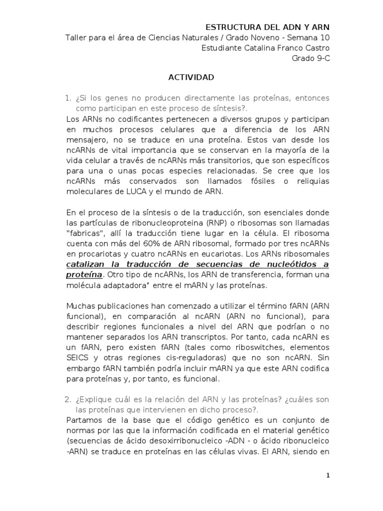 Semana 10. Estructura Del ADN y ARN - GRADO 9 | PDF | Rna | Codigo genetico
