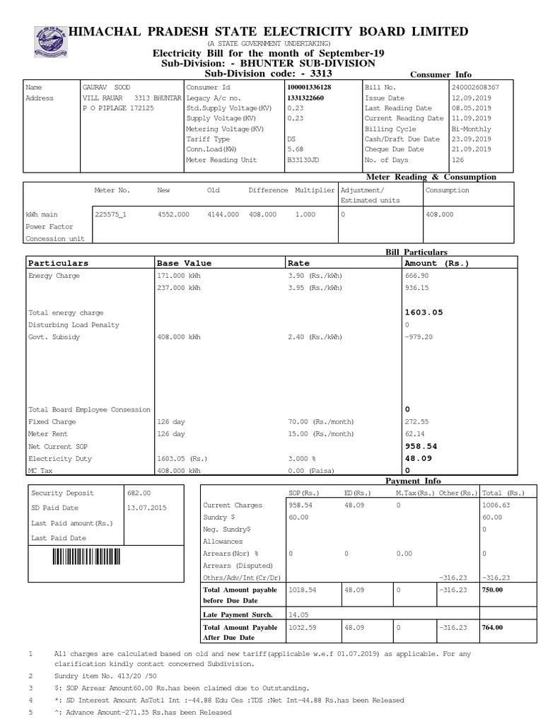 HPSEBL Electricity Bill September 2019 | PDF | Kilowatt Hour ...