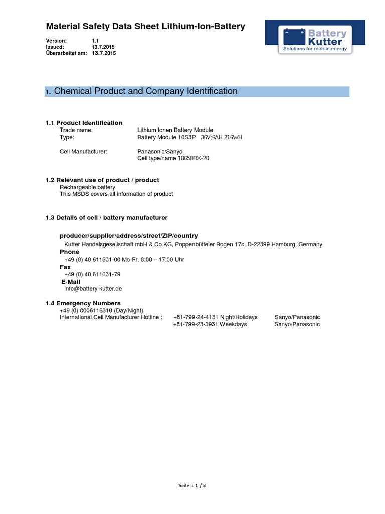 MSDS Material Safety Data Sheet BatteryModule | PDF | Dangerous Goods ...