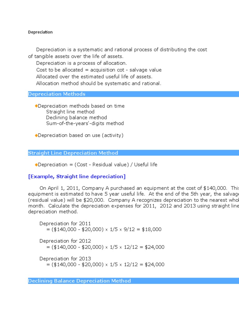 Depreciation Methods: (Example, Straight Line Depreciation) | PDF ...