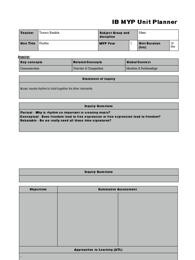 IB MYP - Unit Planner GRADE 7 | PDF | Rhythm | Learning
