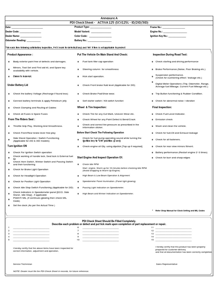 Annexure A - PDI Check Sheet | Download Free PDF | Headlamp | Brake