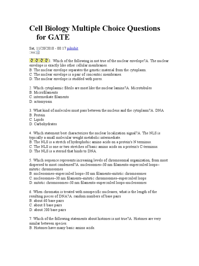 Cell Biology Multiple Choice Questions For GATE | PDF | Gene | Operon