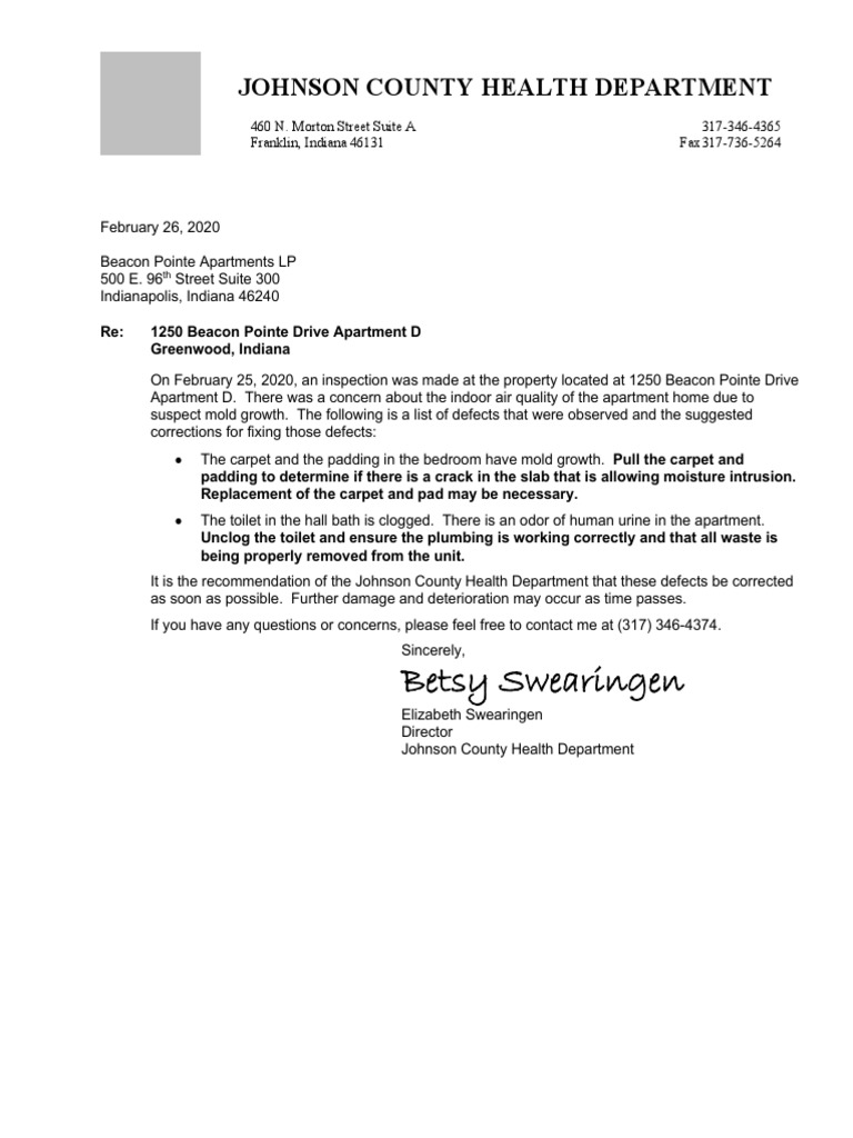 Letter From Johnson County Department of Health | PDF