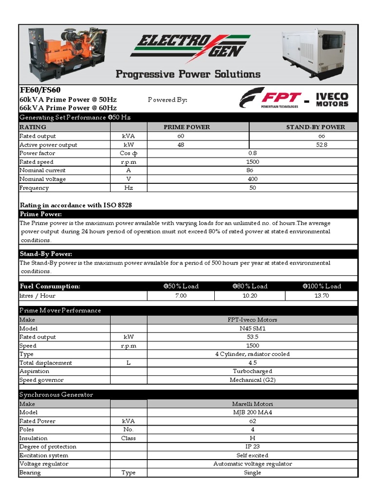 60 kVA Specification Sheet | PDF | Engines | Electrical Engineering