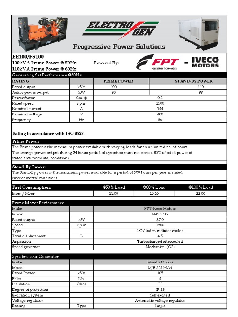 100kVA and 110kVA Prime Power Generating Set Technical Specifications ...