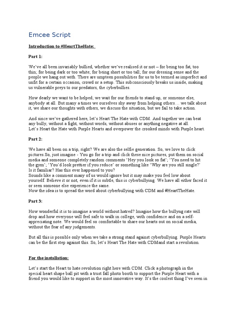 Emcee Script | PDF | Cyberbullying | Hatred