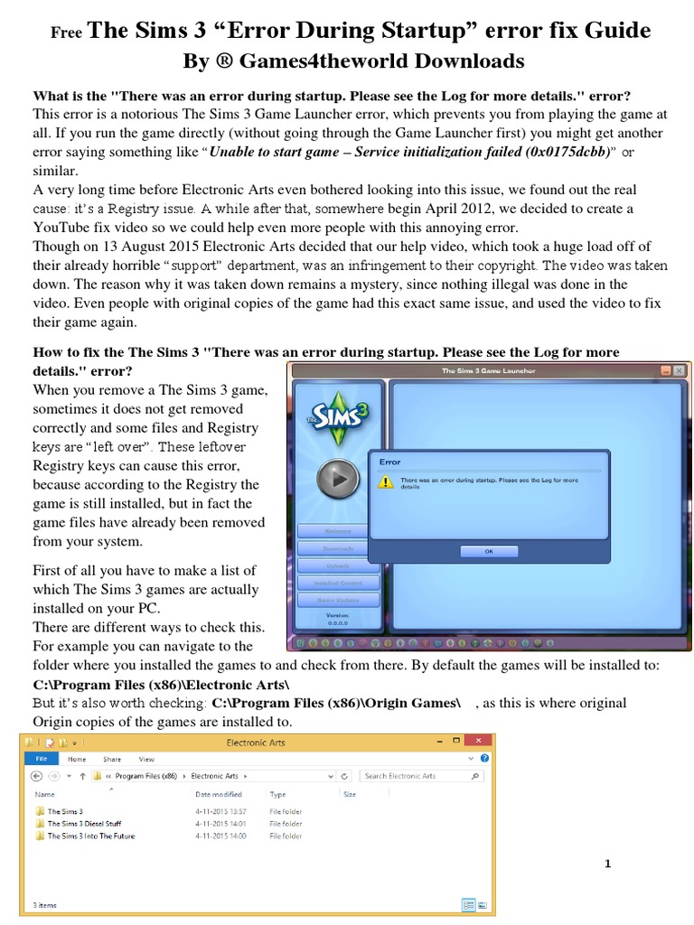 The Sims 3 Error During Startup Fix Guide | PDF | Windows Registry ...