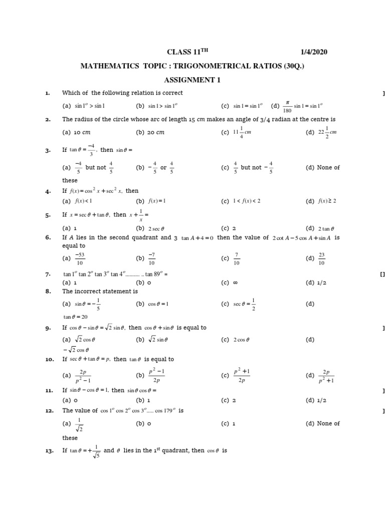 New Class 11TH Batch Maths Assignment 1 Trigonometry PDF | PDF | Sine ...
