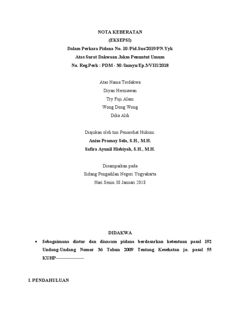 Contoh Nota Keberatan Eksepsi Pidana | PDF | Ilmu Sosial