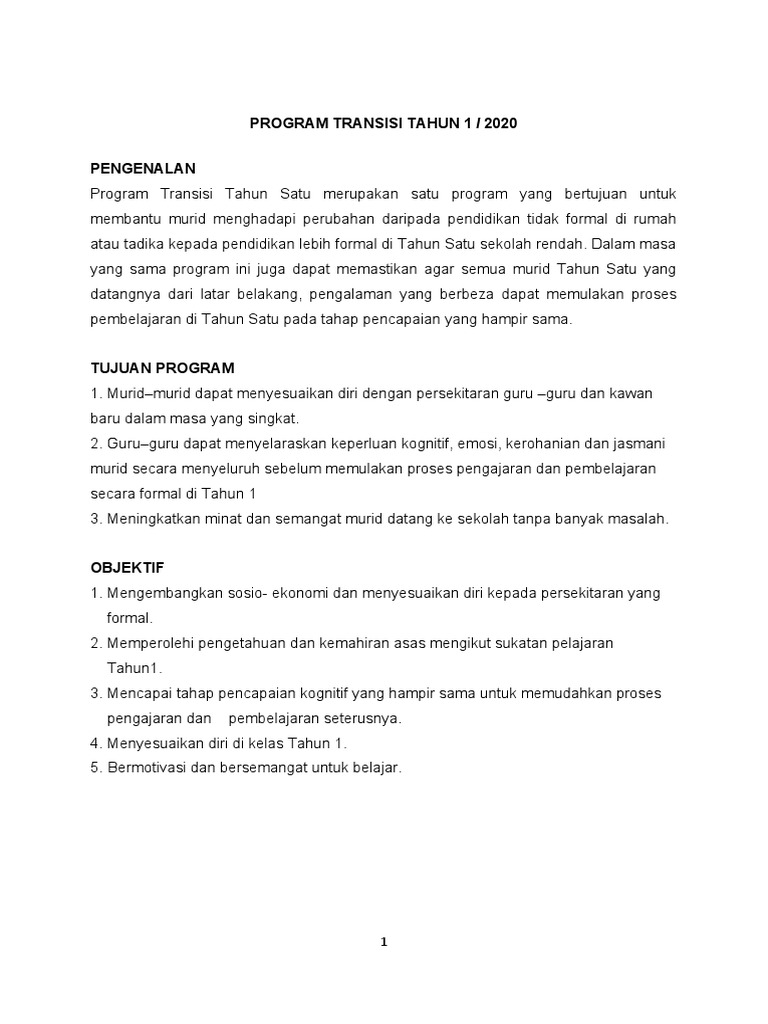 Jadual Transisi Tahun 1 | PDF