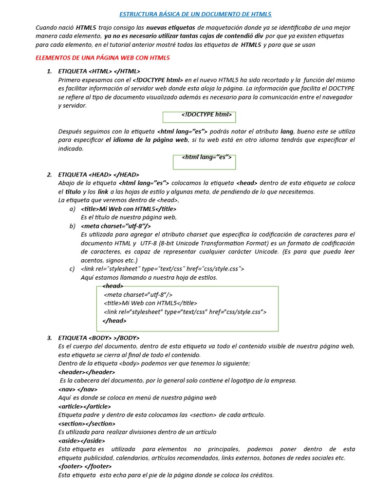 Estructura Básica de Un Documento de HTML5 | PDF | Página web | HTML