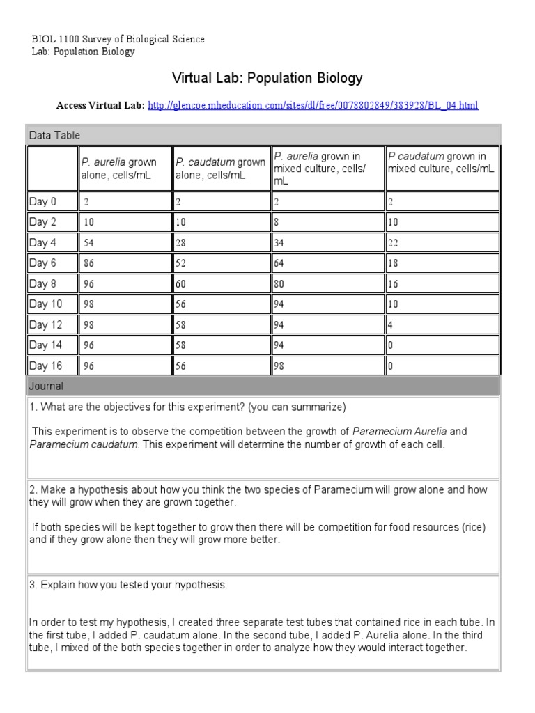 Lab Population Biology Pdf Experiment Ecological Niche