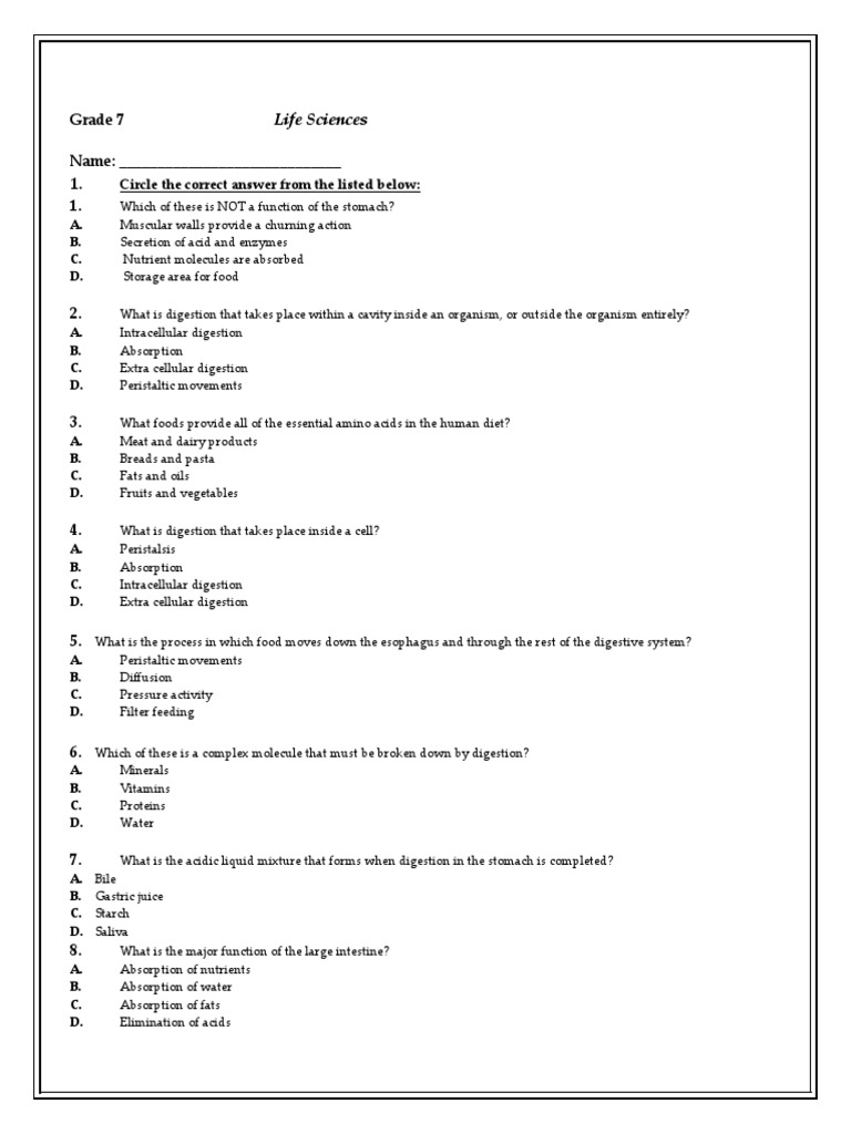 Nutrition and Digestion Test gr7 | PDF | Digestion | Human Digestive System