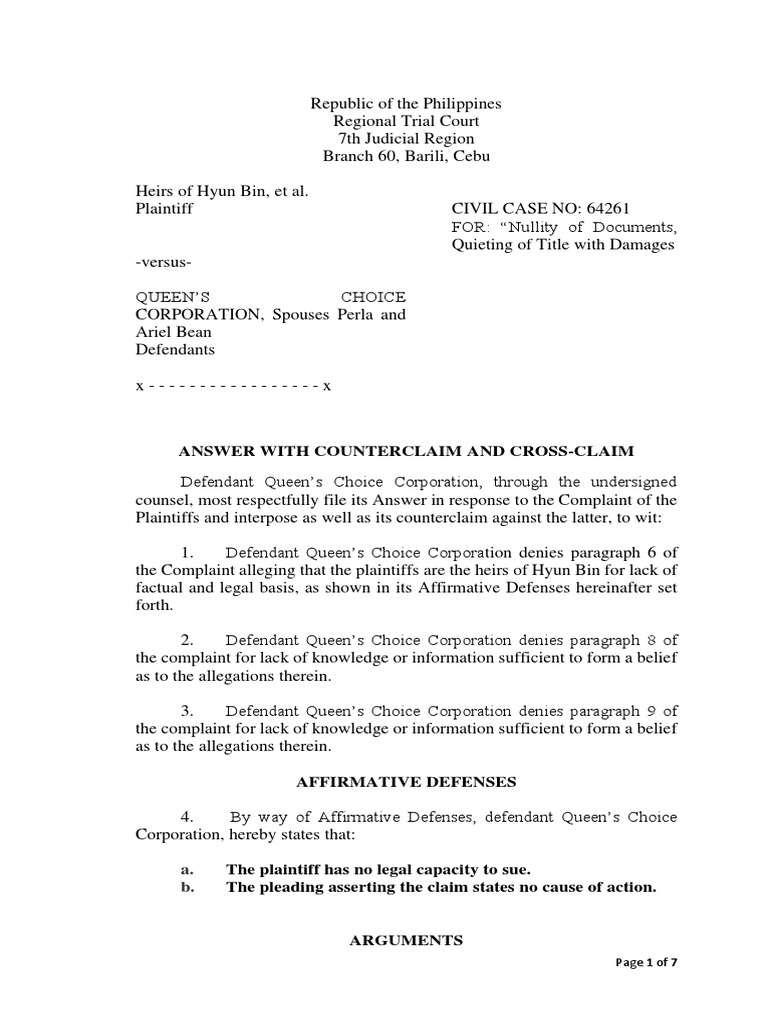 Civpro - Answer With Counterclaim and Cross-Claim | Download Free PDF | Cause Of Action | Lawsuit