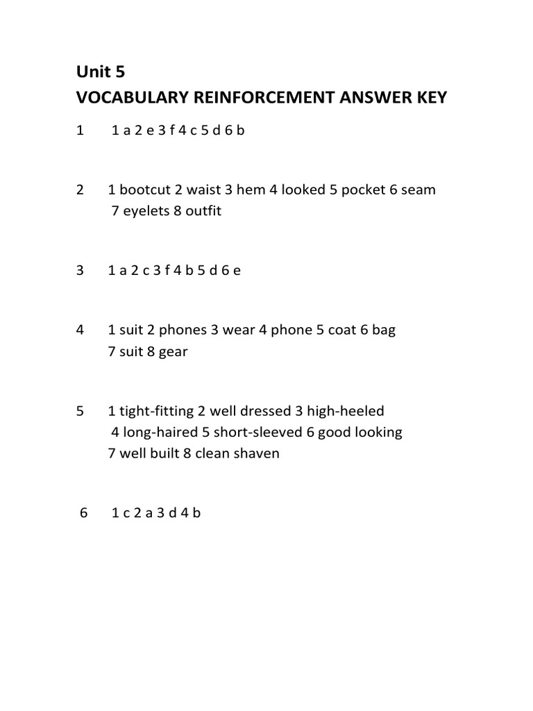 Unit 5 Vocabulary Reinforcement Answer Key PDF | PDF