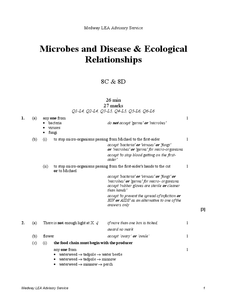 Year 8 - Microbes and Disease Ecological Relationships Mark Scheme ...