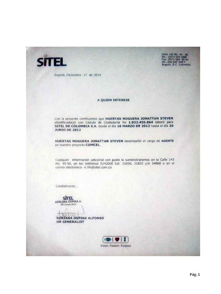 Certificacion Laboral Sitel | PDF