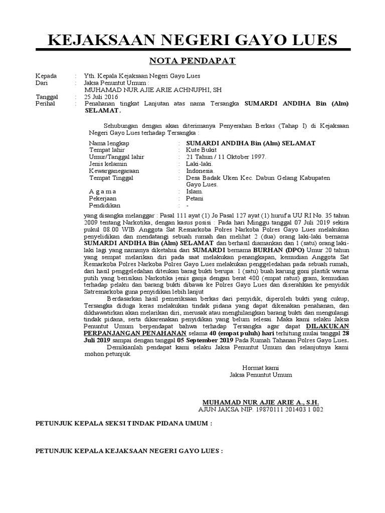 NOTA PENDAPAT PERPANJANGAN PENAHANAN SUMARDI ANDIHA Bin (Alm) SELAMAT | PDF