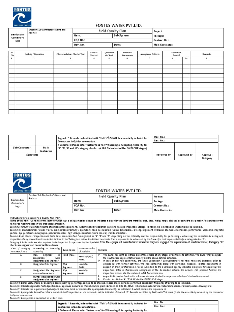 Field Quality Plan (FQP) | PDF | Specification (Technical Standard ...