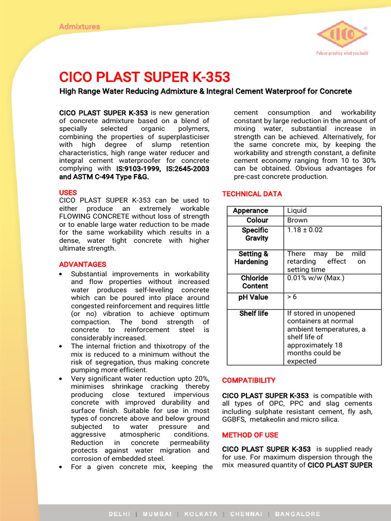 CICO Plast Super K-353 | PDF | Concrete | Cement