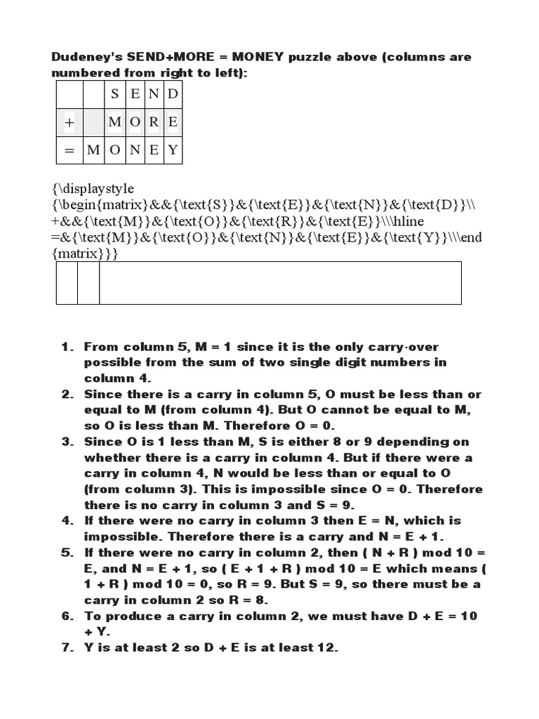 Maths Puzzle Send More Money Solution | PDF
