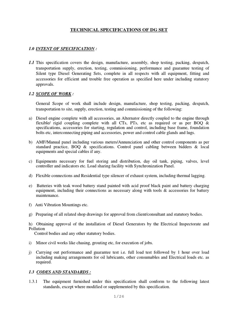 DG SET-Technical Specs PDF | PDF | Electrical Wiring | Engines