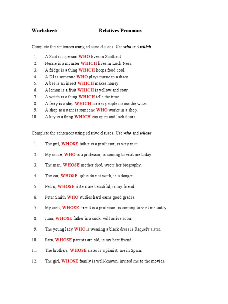 Relative Pronouns Worksheet Answers | PDF | Language Arts & Discipline ...